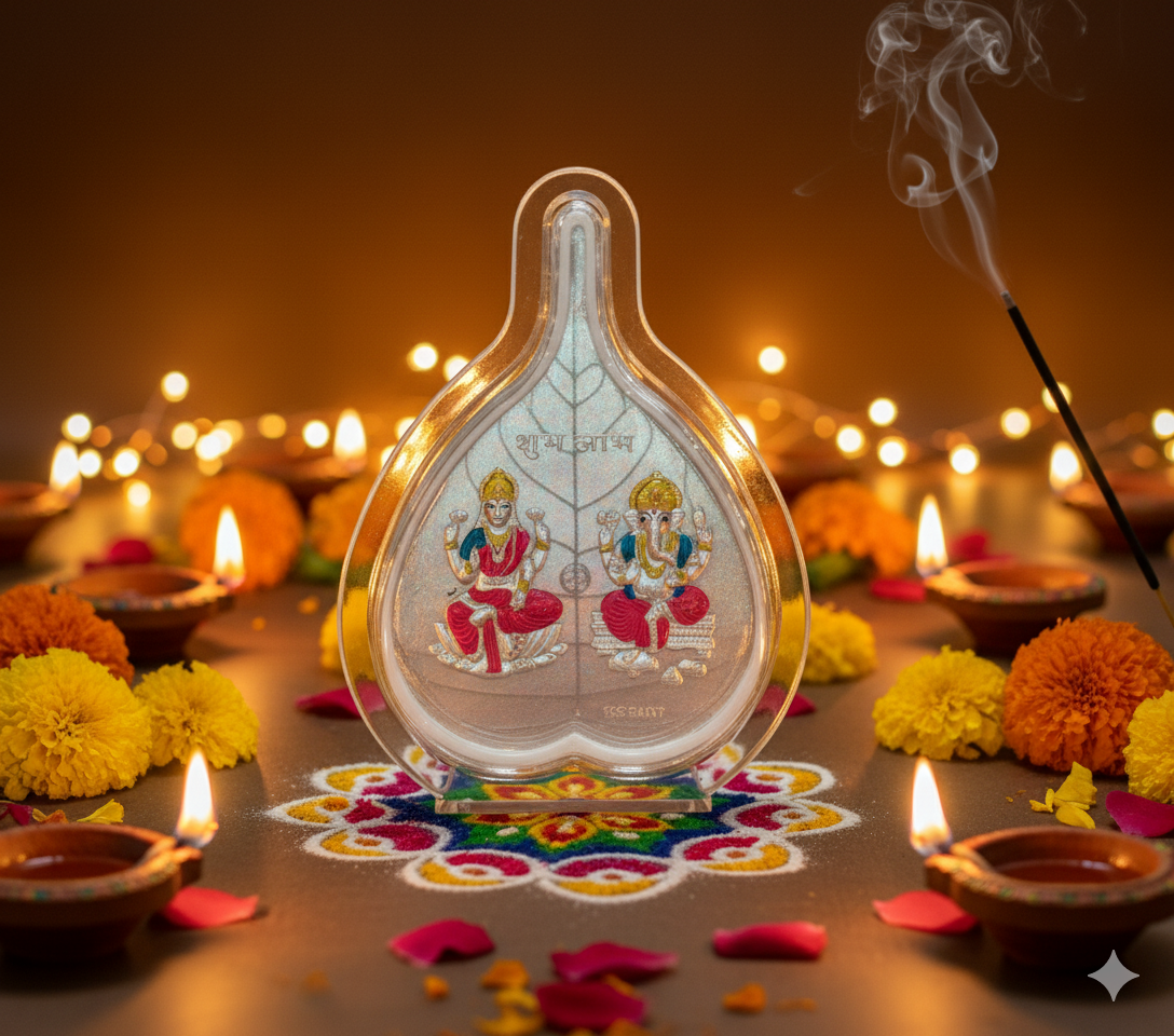 Shubh Labh – 999 Silver Lakshmi Ganesh Frame (Pan Leaf Design) – Laati