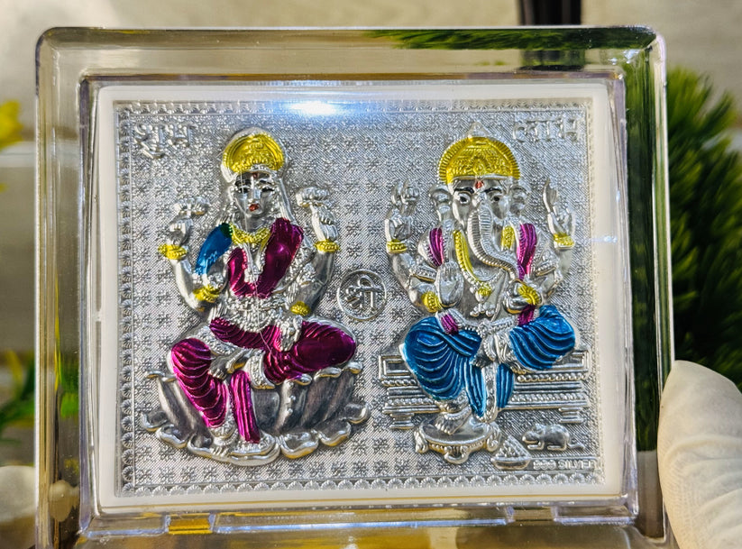 999 Silver Lakshmi Ganesh Frame – Encased in Crystal – Laati