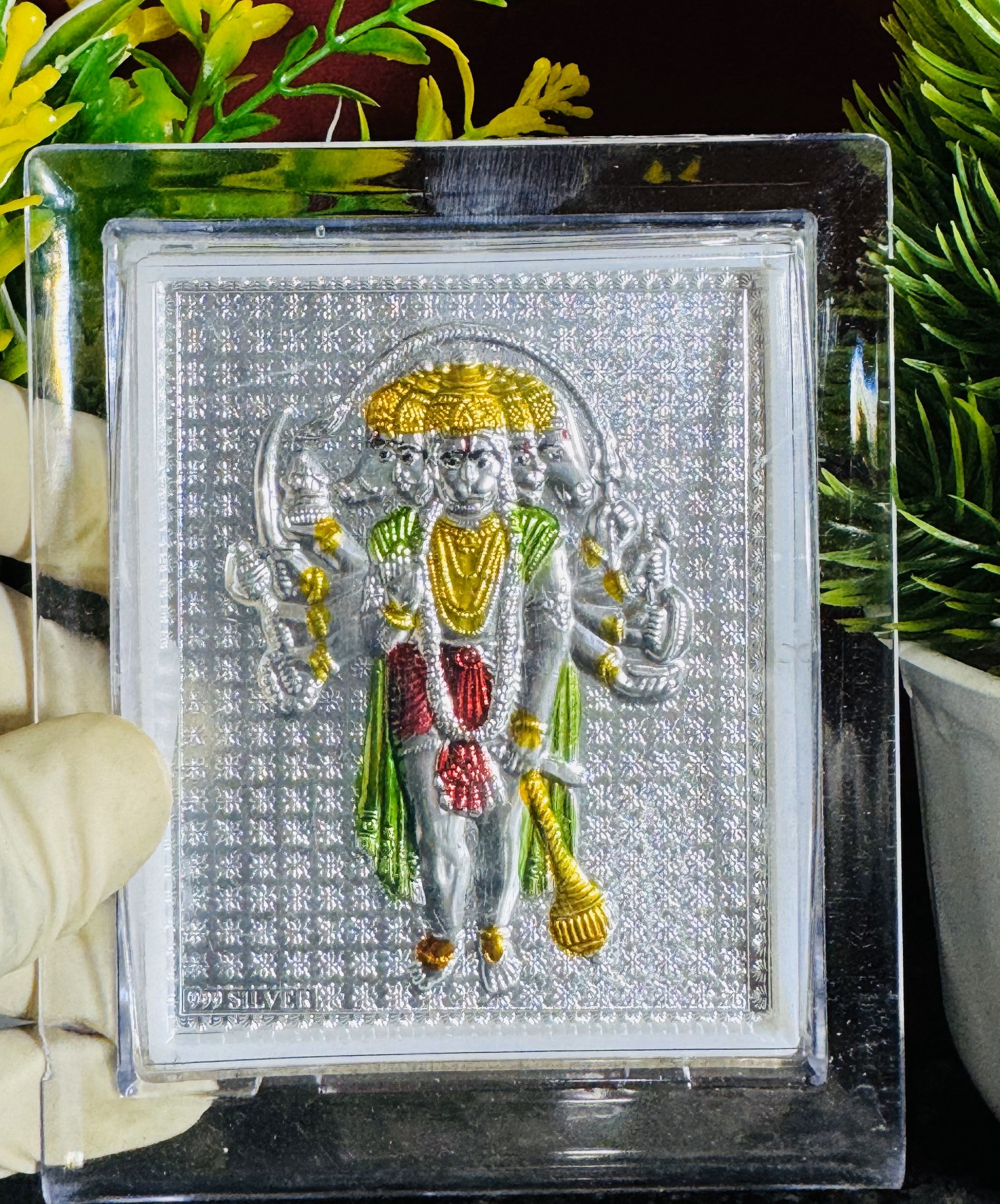 999 Silver Panchmukhi Hanuman Ji Frame – Encased in Crystal – Laati